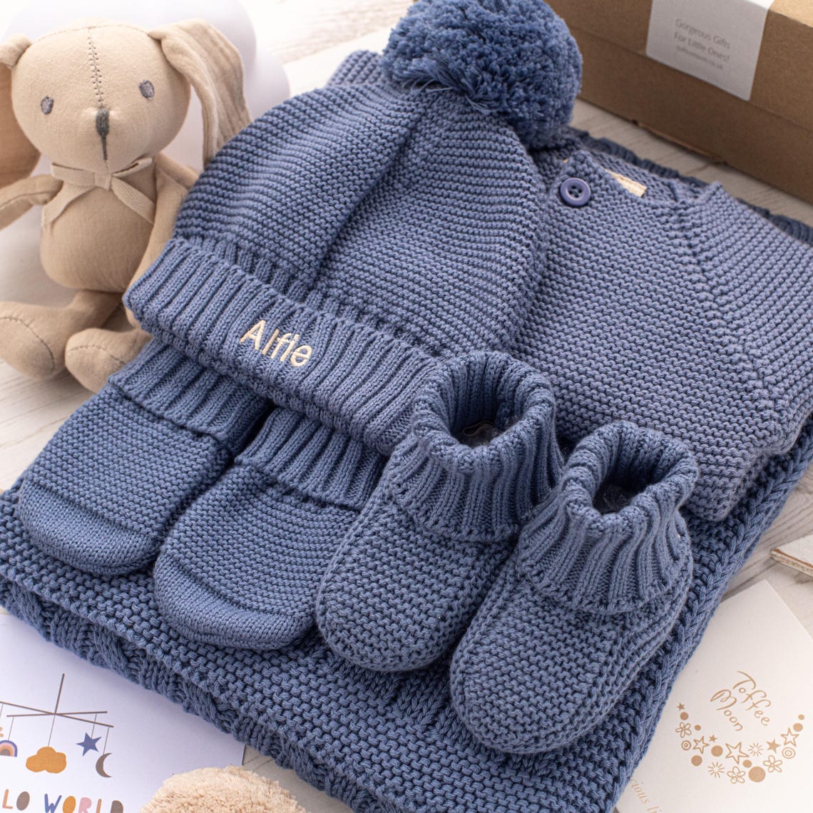 Personalised Storm Blue Knit Baby Gift Set, Cotton Blanket, Cardigan ...