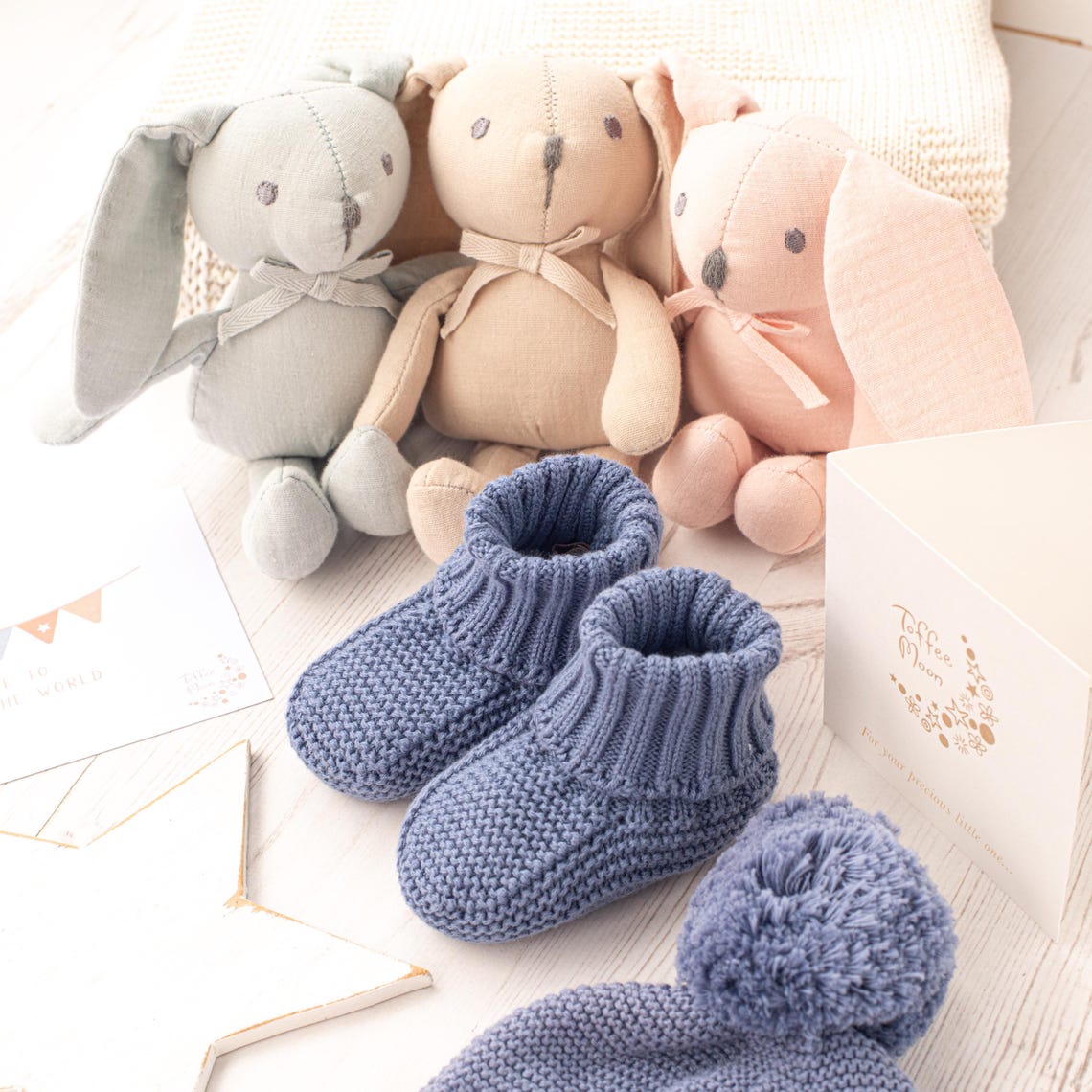 Personalised Storm Blue Knit Baby Gift Set, Cotton Blanket, Cardigan ...