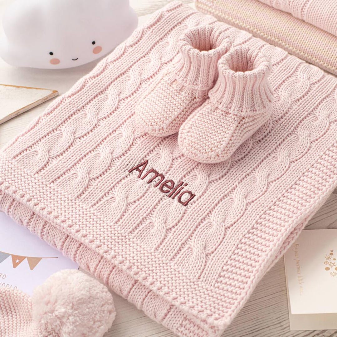 Toffee Moon Petal Pink Personalised Baby Blanket and Baby Booties Gift ...