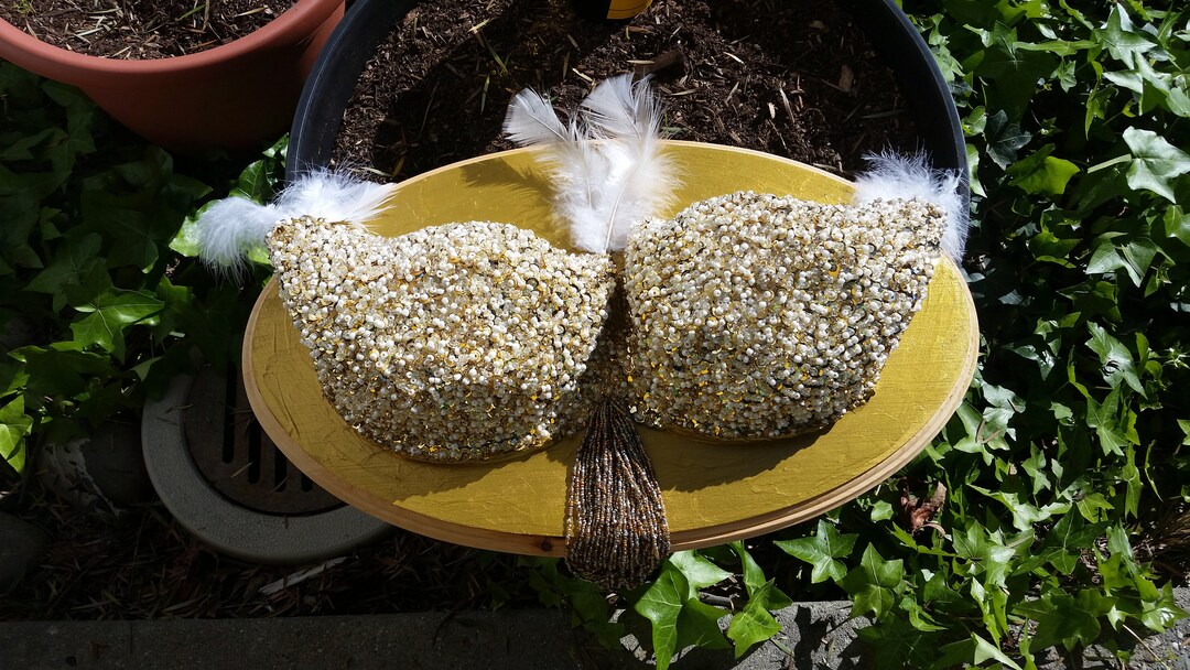Two of Cups - Intensely Hand-beaded Bra With Feathers and Acrylic on ...