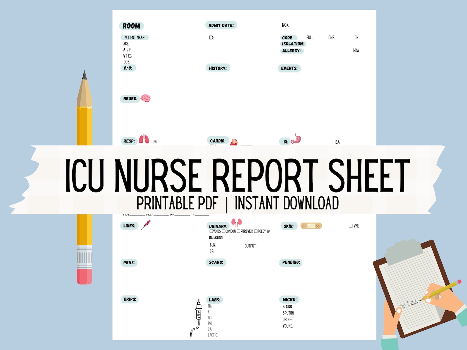 ICU Nurse Report Sheet | Critical Care Brain | Handoff Report | Report ...