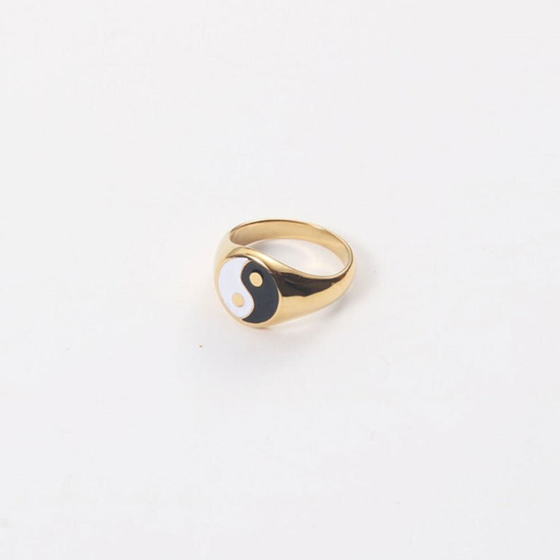Yin Yang Solid Silver Gold Signet Ring Unisex Ring 925 - Etsy