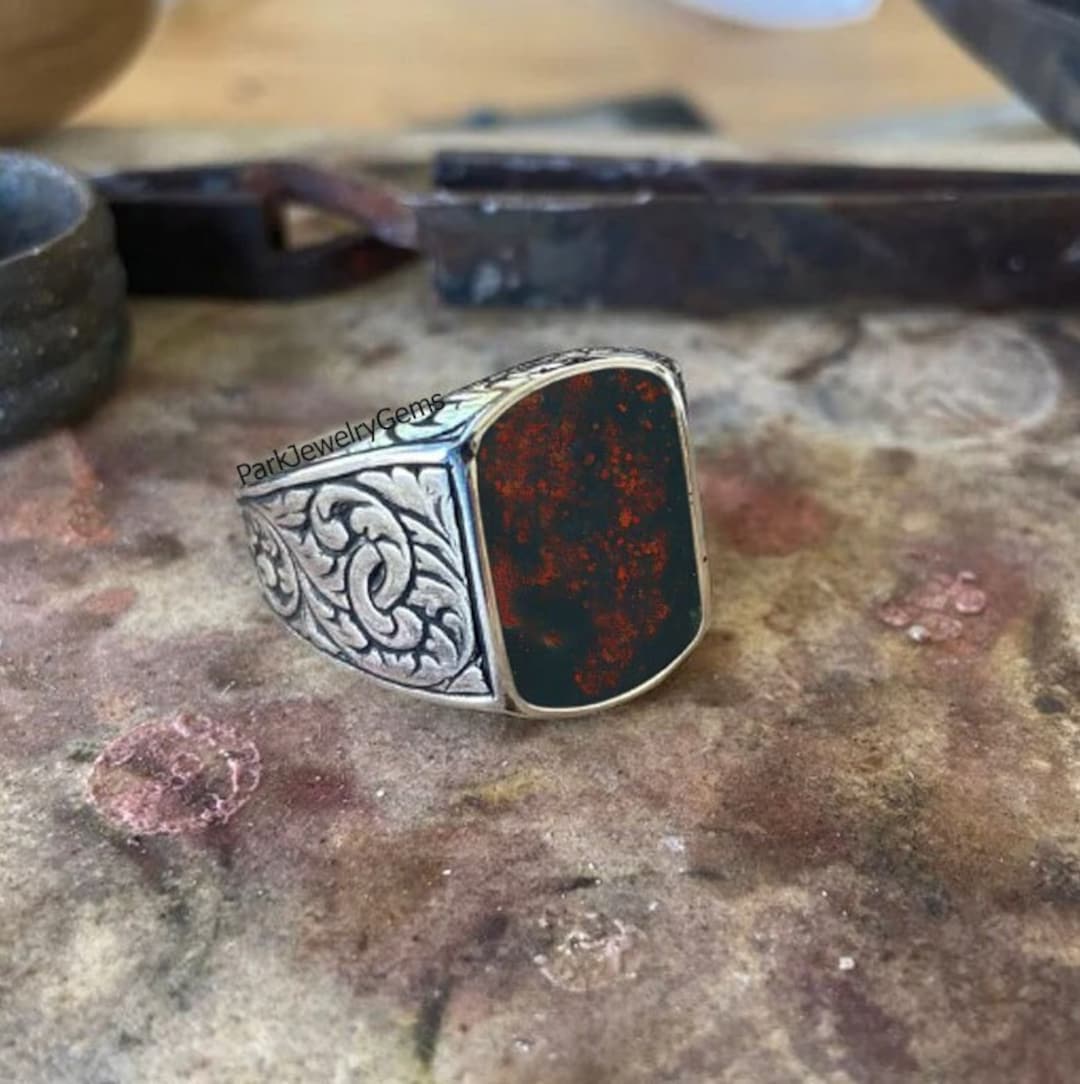 Bloodstone Ring Mens, Sterling Silver Ring 925 Mens, Gemstone Ring Mens ...