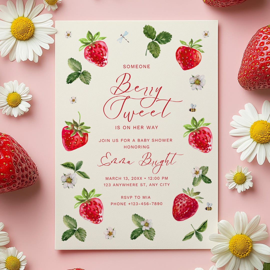 Berry Sweet Strawberry Baby Shower Invitation: Editable Berry Theme ...