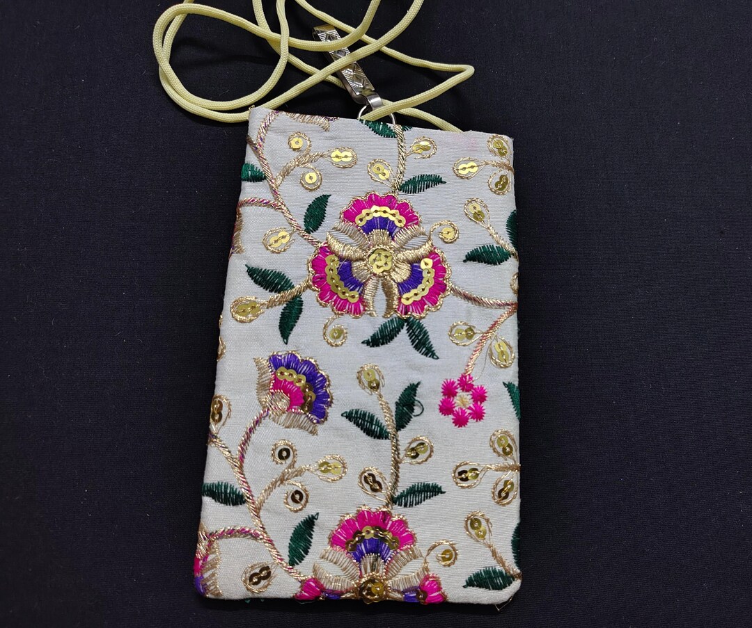 Embroidered Floral Design Mobile Pouch: Indian Cream Pink Multi-color ...