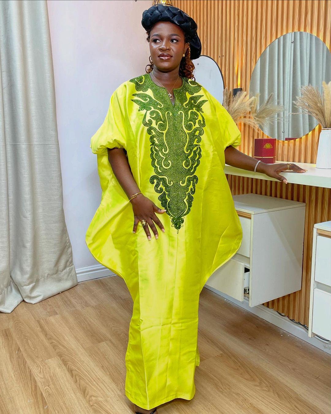 Yellow and Green African Embroidery Mikado Boubou Mikado Long Danshiki ...