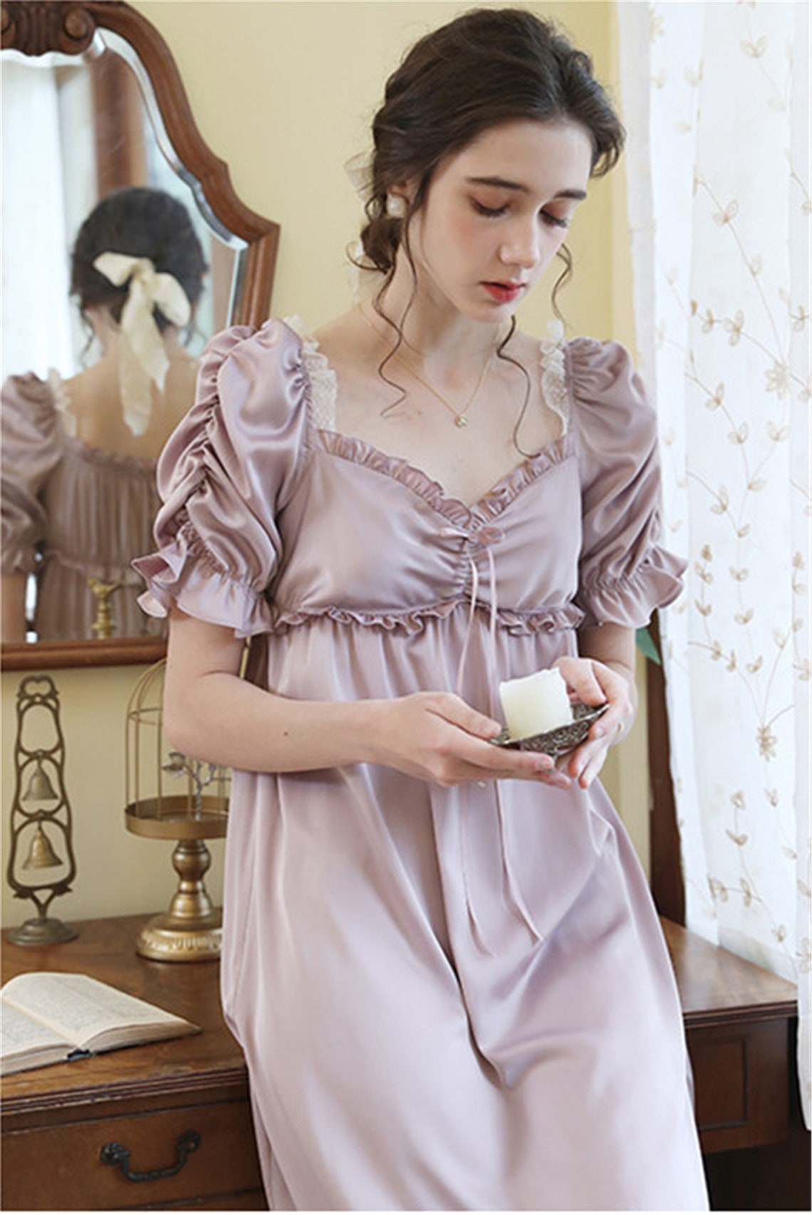 French Pink V-neck Lace Satin Nightgown Victorian Graceful | Etsy