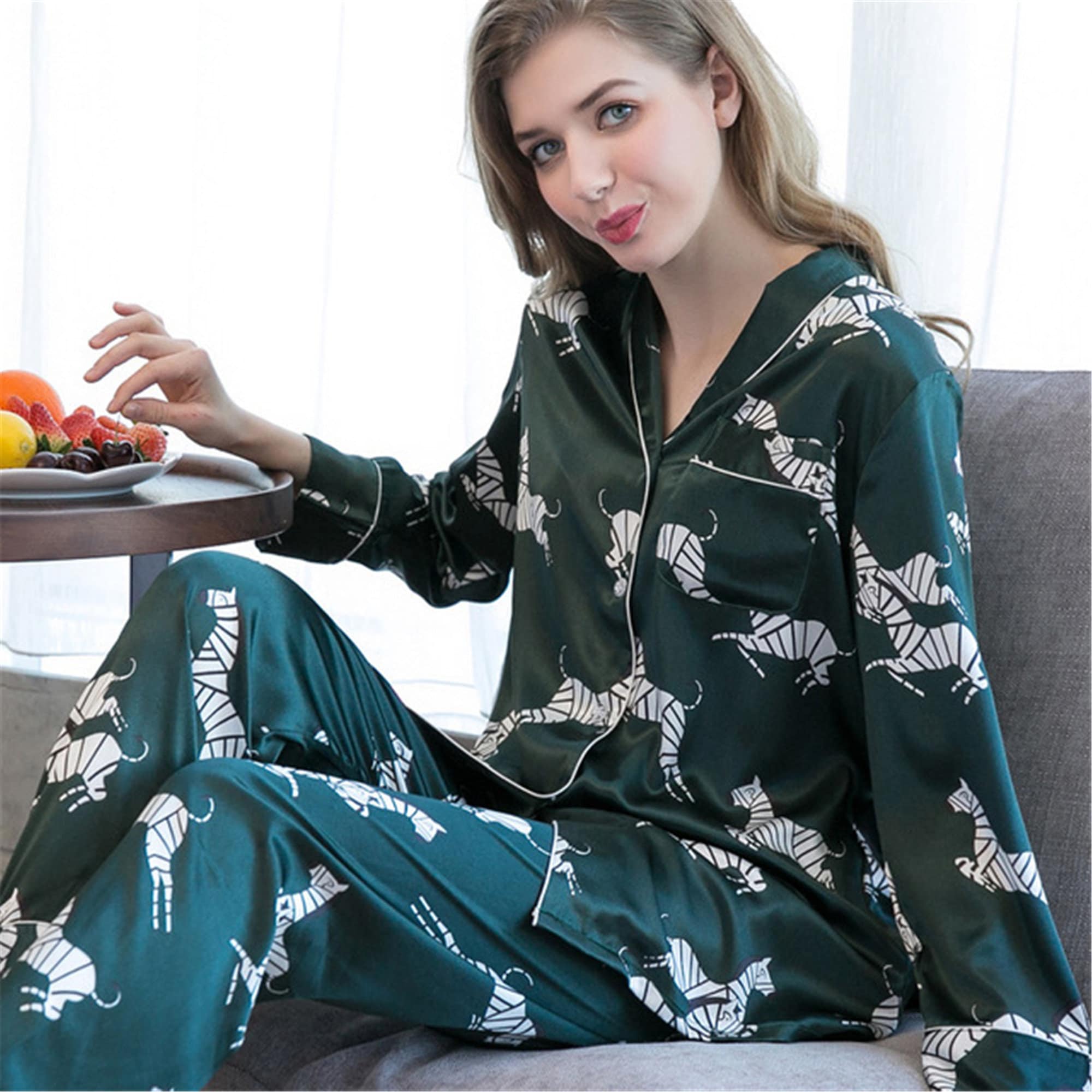 Green Zebra Print Couple Silk Pajamas Set Long Sleeves Etsy