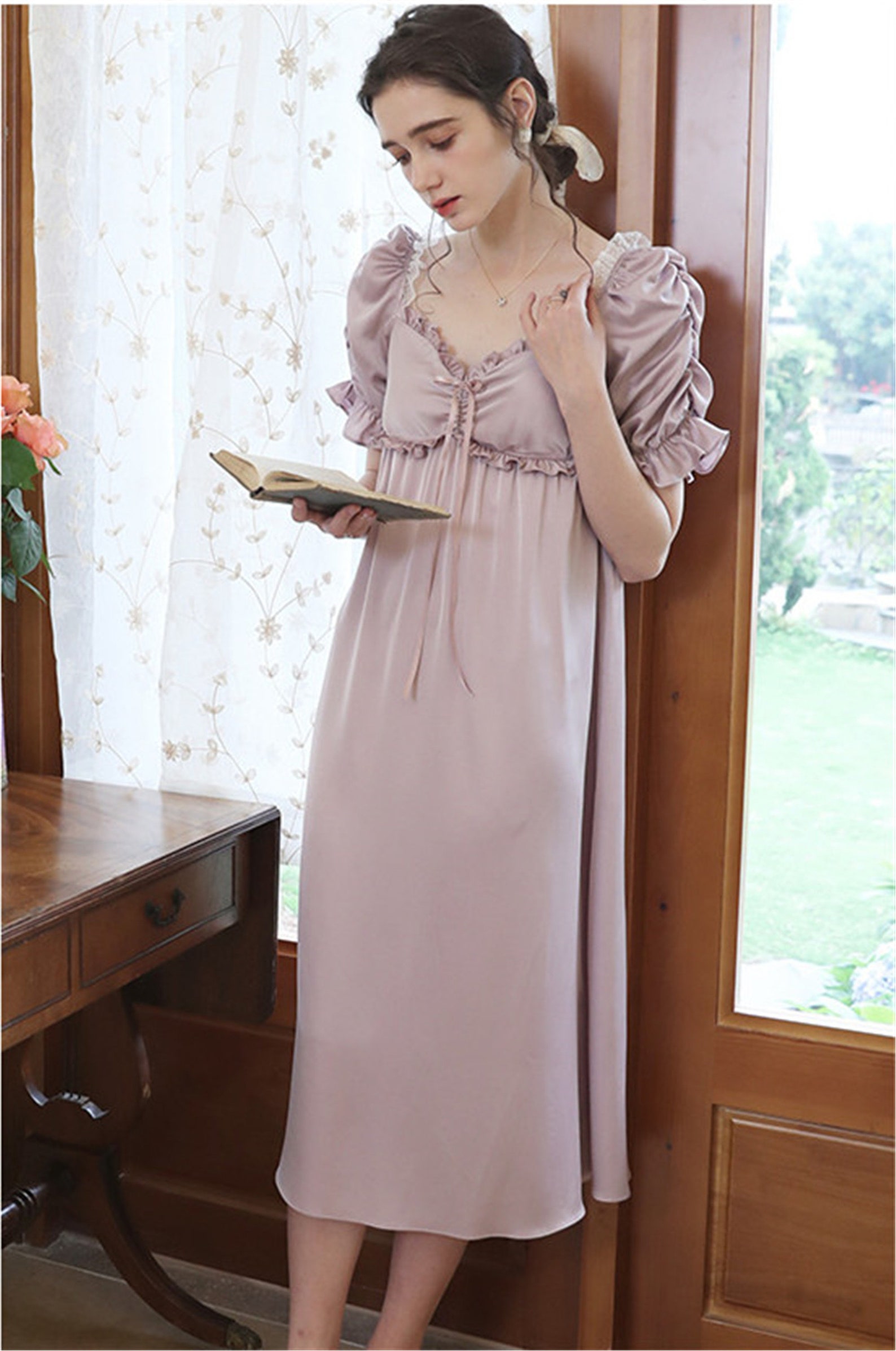 French Pink V-neck Lace Satin Nightgown Victorian Graceful | Etsy