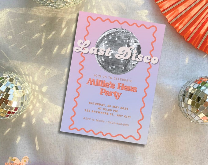 Disco Themed Hens Party Invitations, Bachelorette Weekend, Last Disco ...