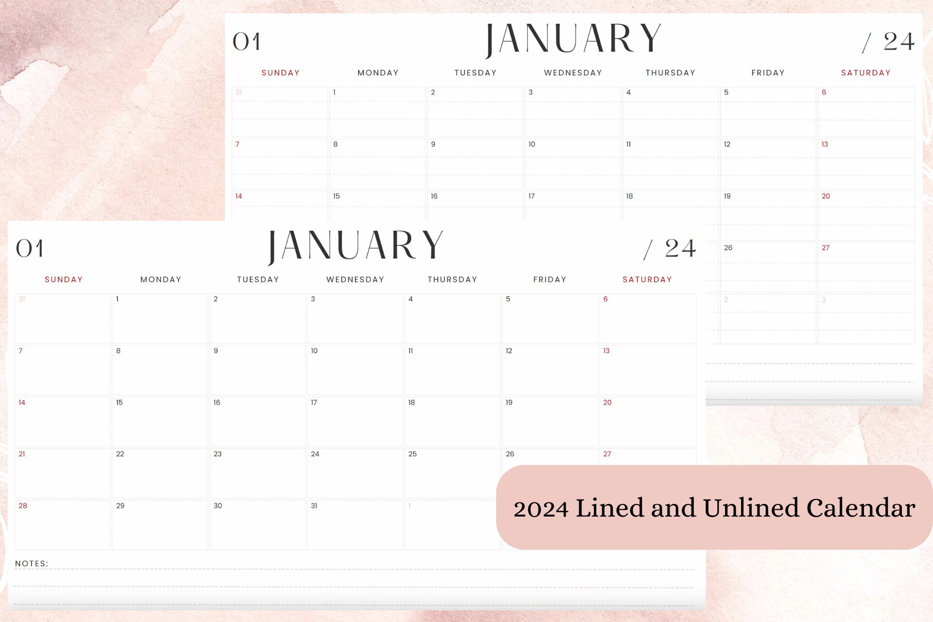 2024 Lined & Unlined Monthly Calendars | 8.5x11 | LANDSCAPE | Jan - Dec ...