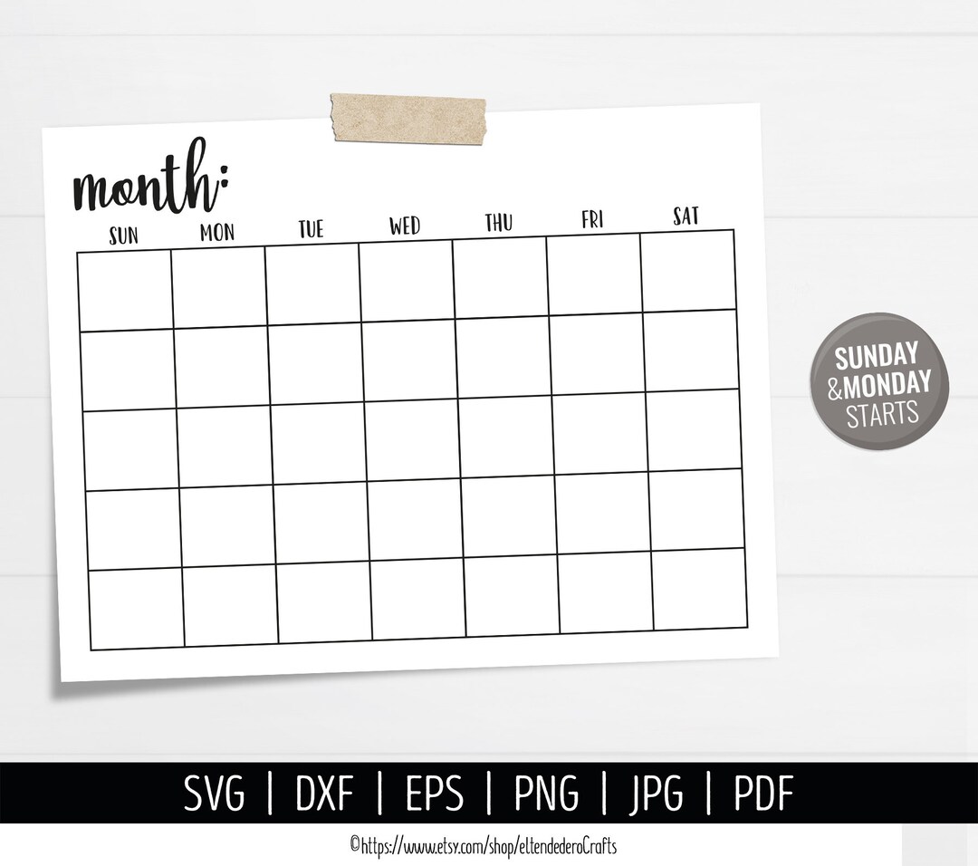 Blank Calendar SVG. Digital Monthly Calendar Vector Cut Files Cutting ...