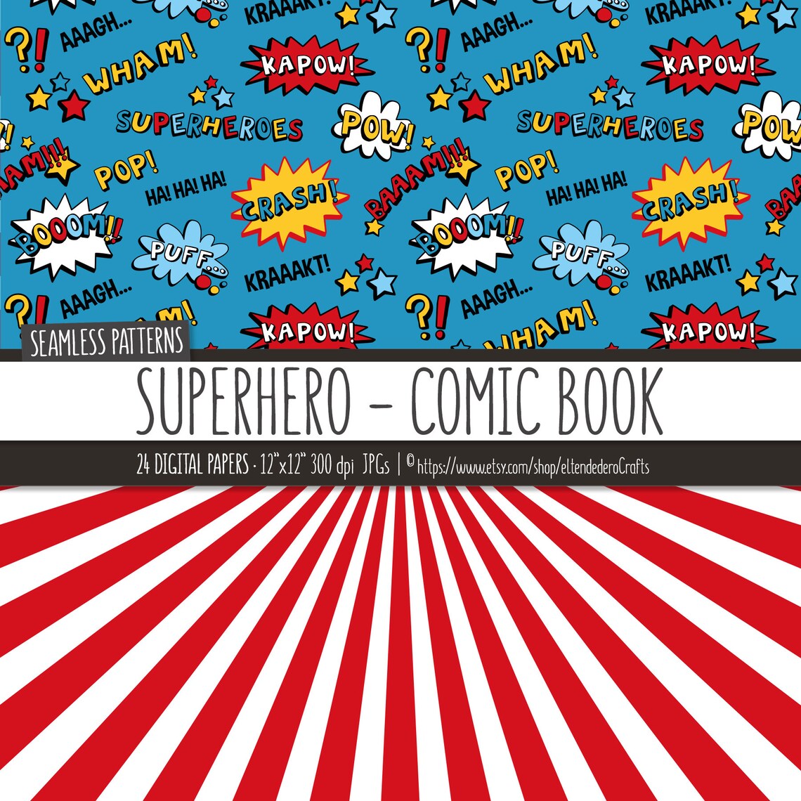 Superhero Digital Paper Pack. Action Words Comic Sounds Seamless ...