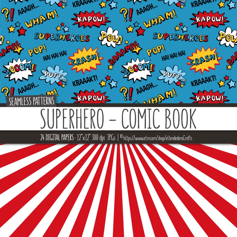 Superhero Digital Paper Pack. Action Words Comic Sounds Seamless ...