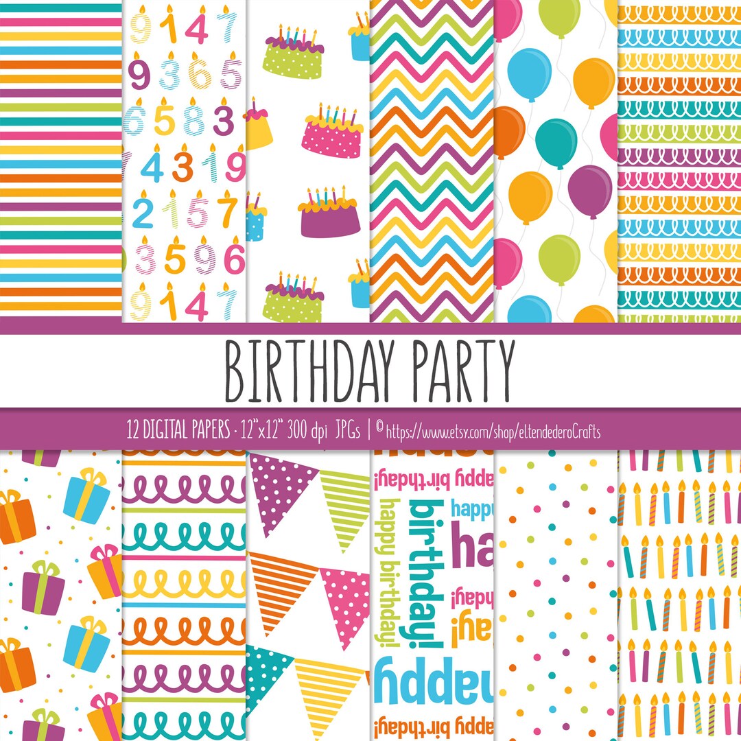 Birthday Digital Paper Package. Multicolor Kids Birthday Party Seamless ...