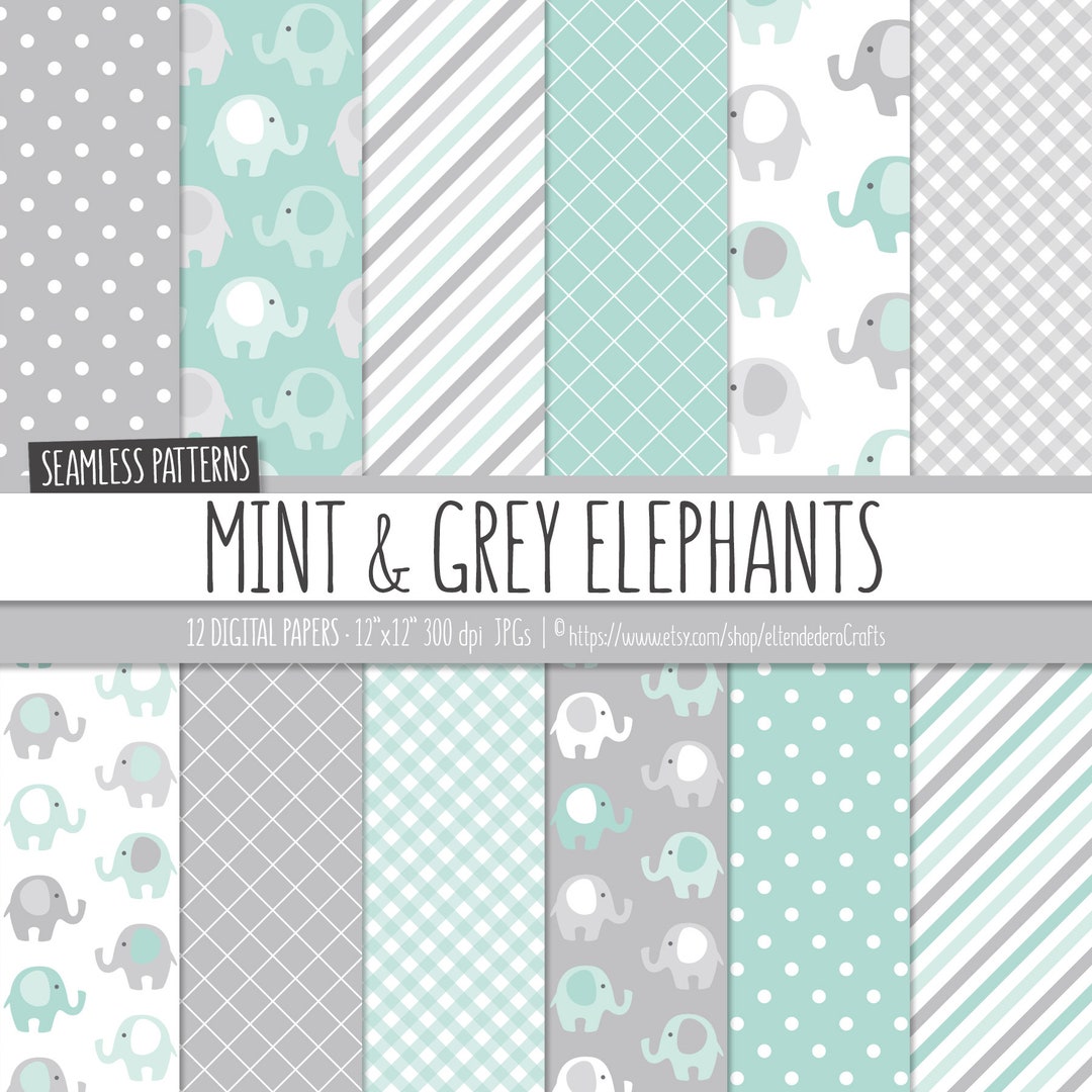 Baby Elephant Digital Paper Package. Green Mint and Grey Elephants ...
