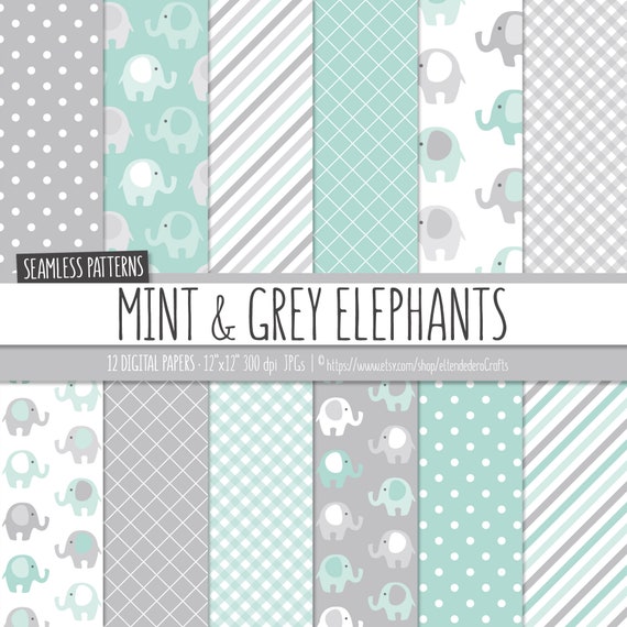 Baby Elephant Digital Paper Package. Green Mint and Grey | Etsy
