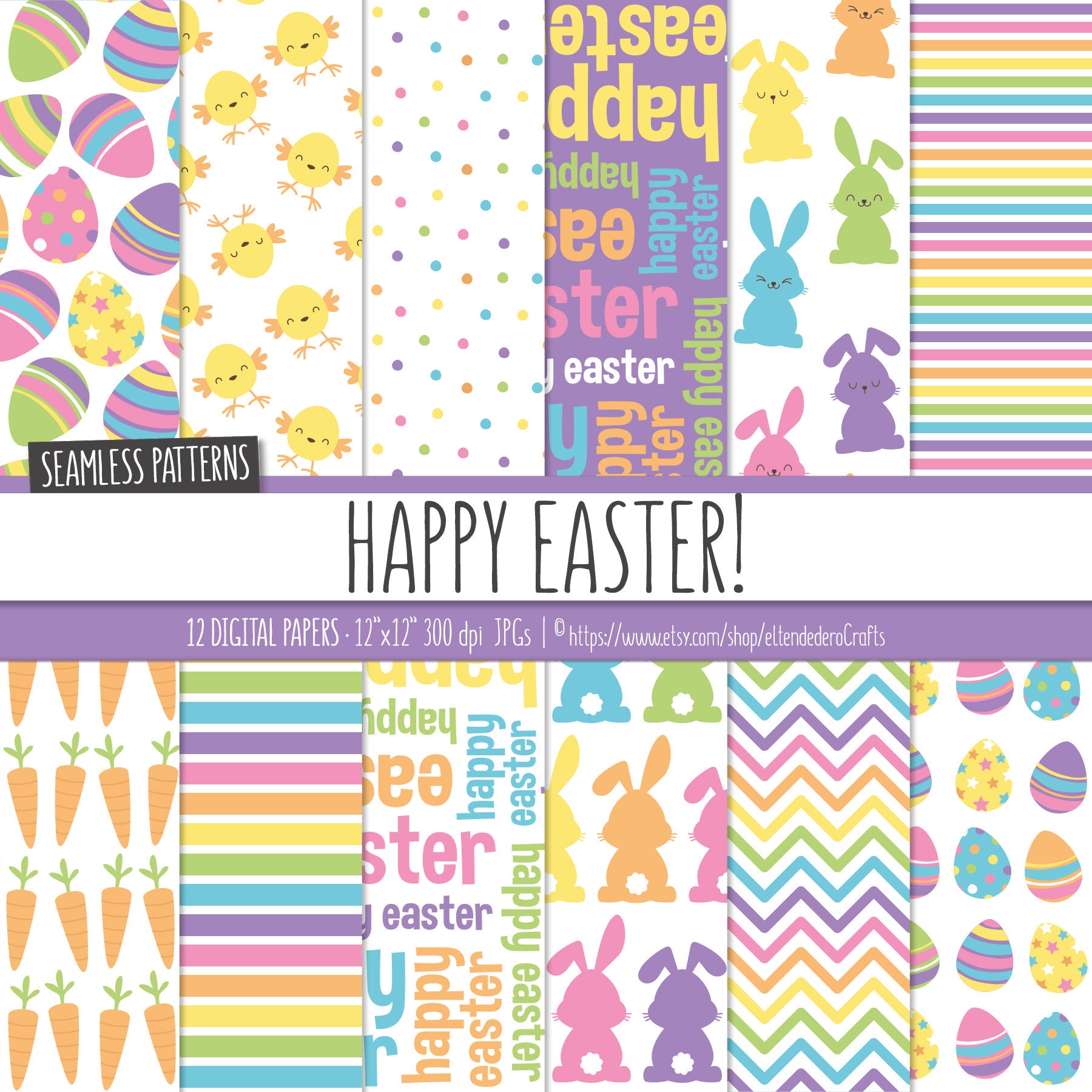 Easter Digital Paper Package. Kids Easter Bunny Seamless Patterns With ...
