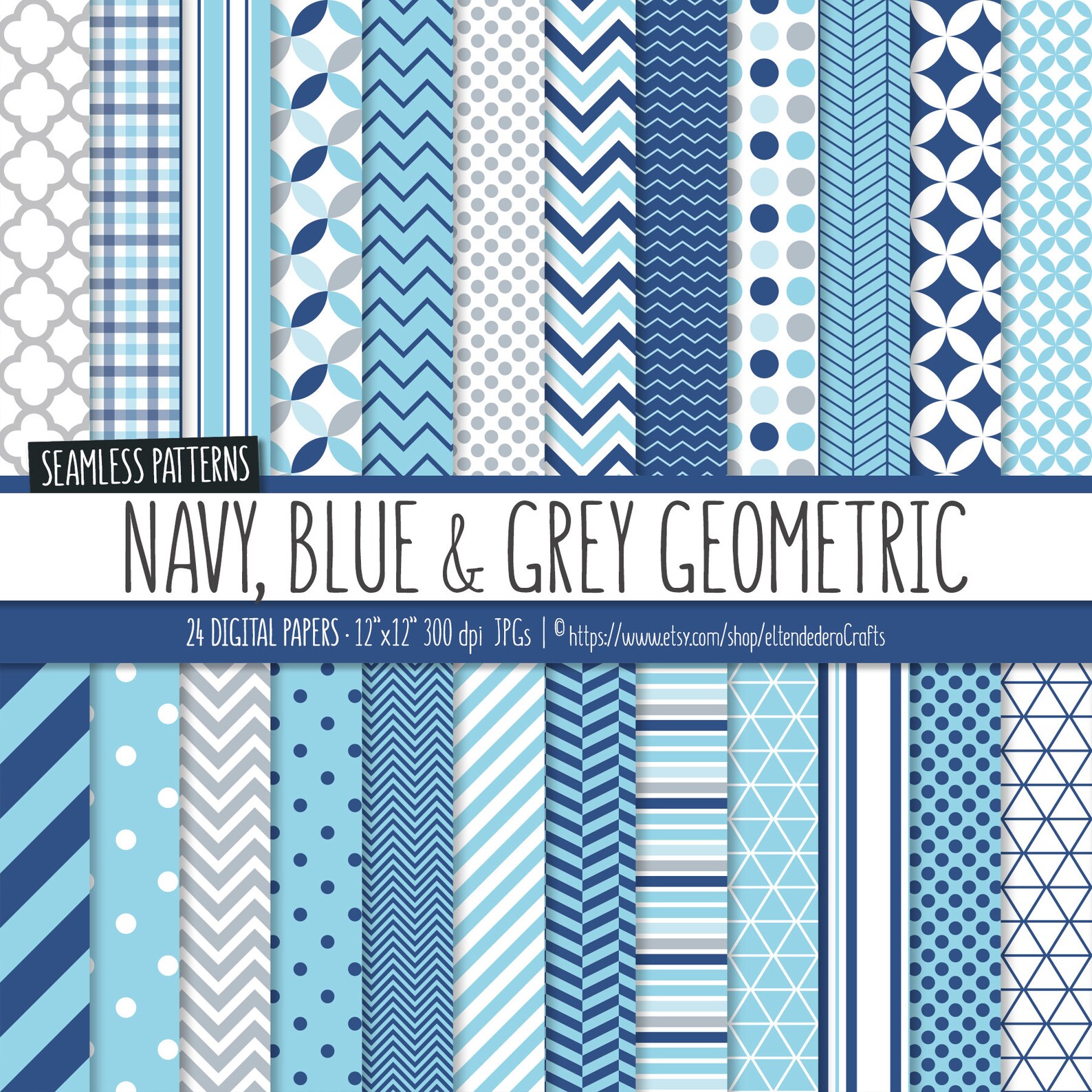 Geometric Digital Paper Package With Navy Blue & Grey | Etsy
