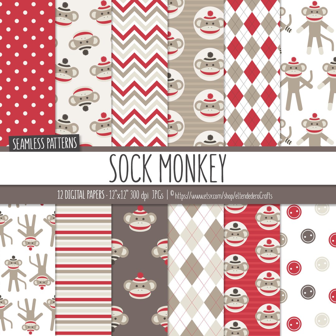 Sock Monkey Digital Paper Pack. Baby Cheeky Monkey Seamless Patterns ...