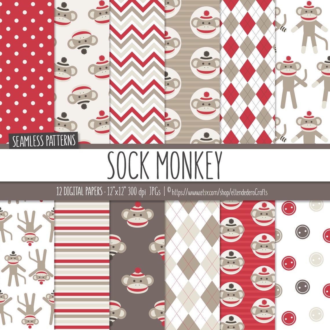 Sock Monkey Digital Paper Pack. Baby Cheeky Monkey Seamless - Etsy