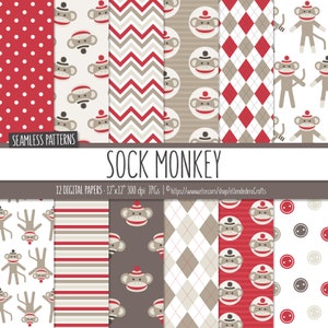 Sock Monkey Digital Paper Pack. Baby Cheeky Monkey Seamless Patterns ...