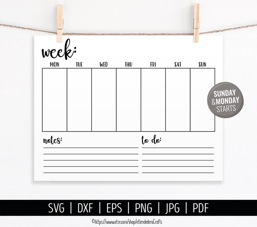 Blank Calendar SVG. Digital Weekly Calendar Vector Cut Files Cutting ...