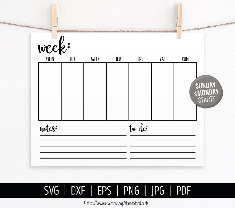 Blank Calendar SVG. Digital Weekly Calendar Vector Cut Files Cutting ...
