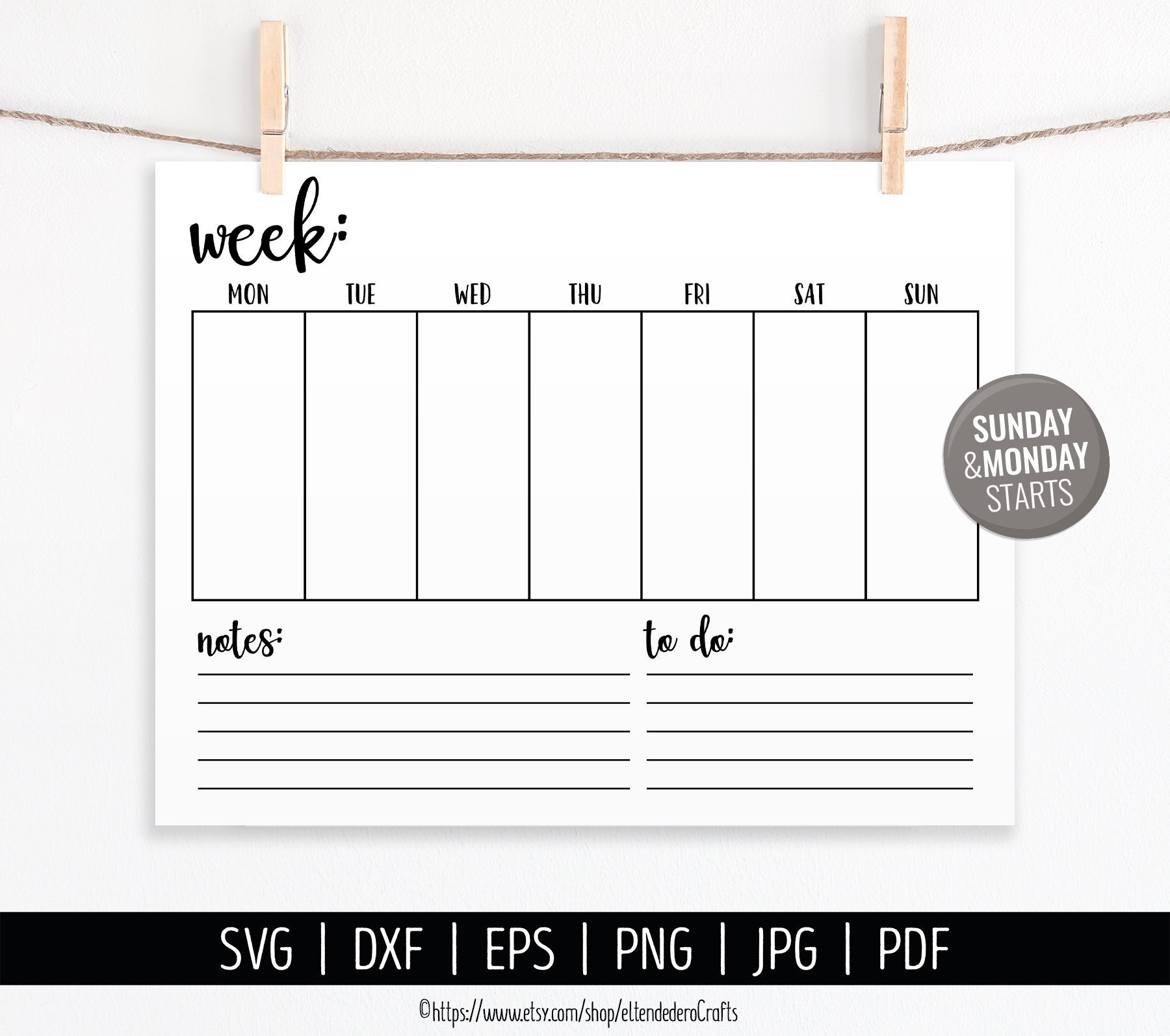 Blank Calendar SVG. Digital Weekly Calendar Vector Cut Files Cutting ...