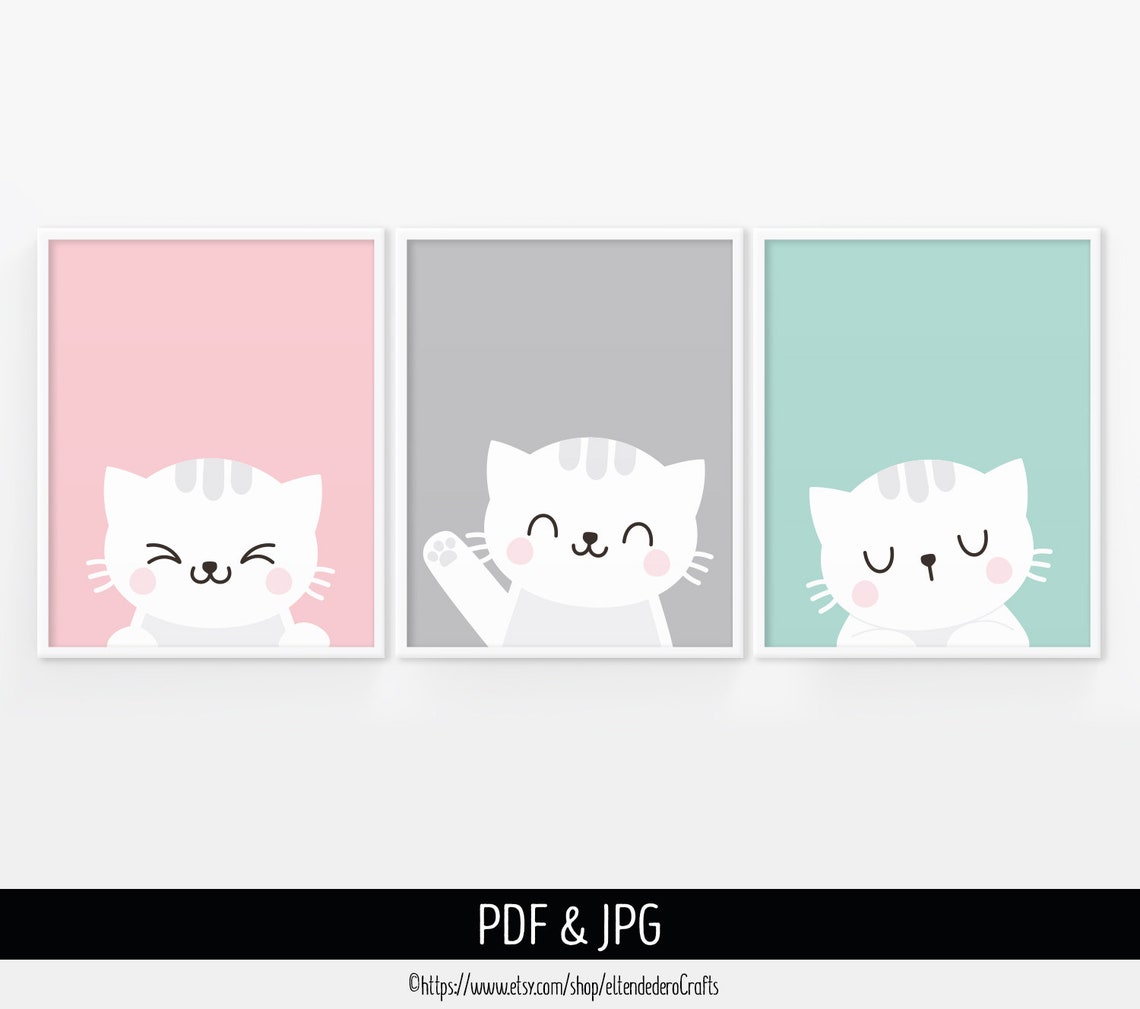 PRINTABLE Cat Nursery Decor. Pink Mint Grey Cute Kitten Baby - Etsy
