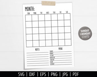 Blank Calendar SVG. Digital Weekly Calendar Vector Cut Files Cutting ...