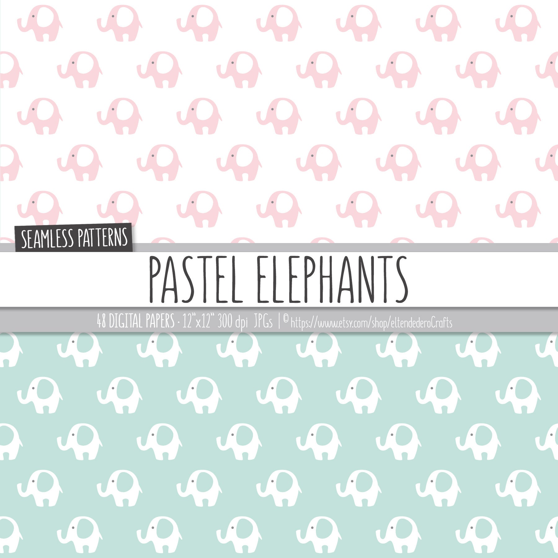 Elephant Digital Paper Pack. Pale Colors Seamless Patterns. | Etsy
