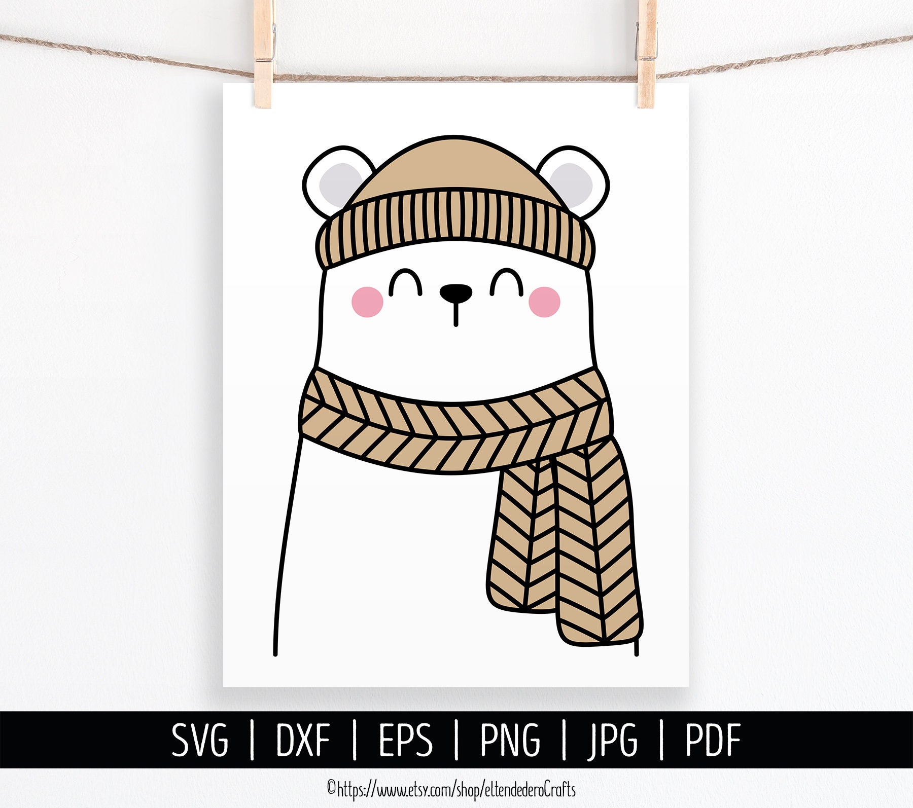 Bear With Scarf SVG. Polar Bear in Winter Hat Cut Files. Cute Winter ...