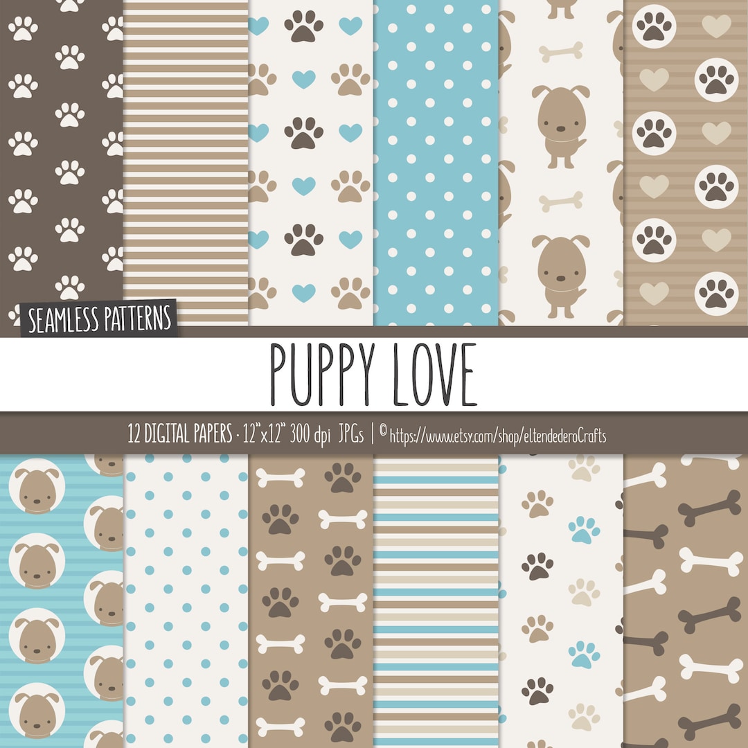 Puppy Digital Paper Pack. Baby Dog, Paws & Bones Seamless Patterns ...