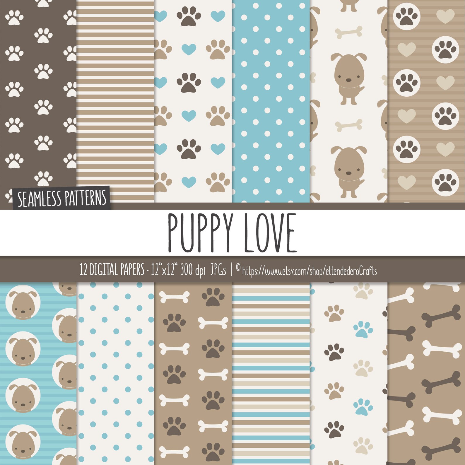 Puppy Digital Paper Pack. Baby Dog, Paws & Bones Seamless Patterns ...