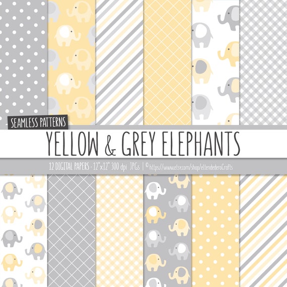 Baby Elephant Digital Paper Package. Yellow and Grey Elephants | Etsy
