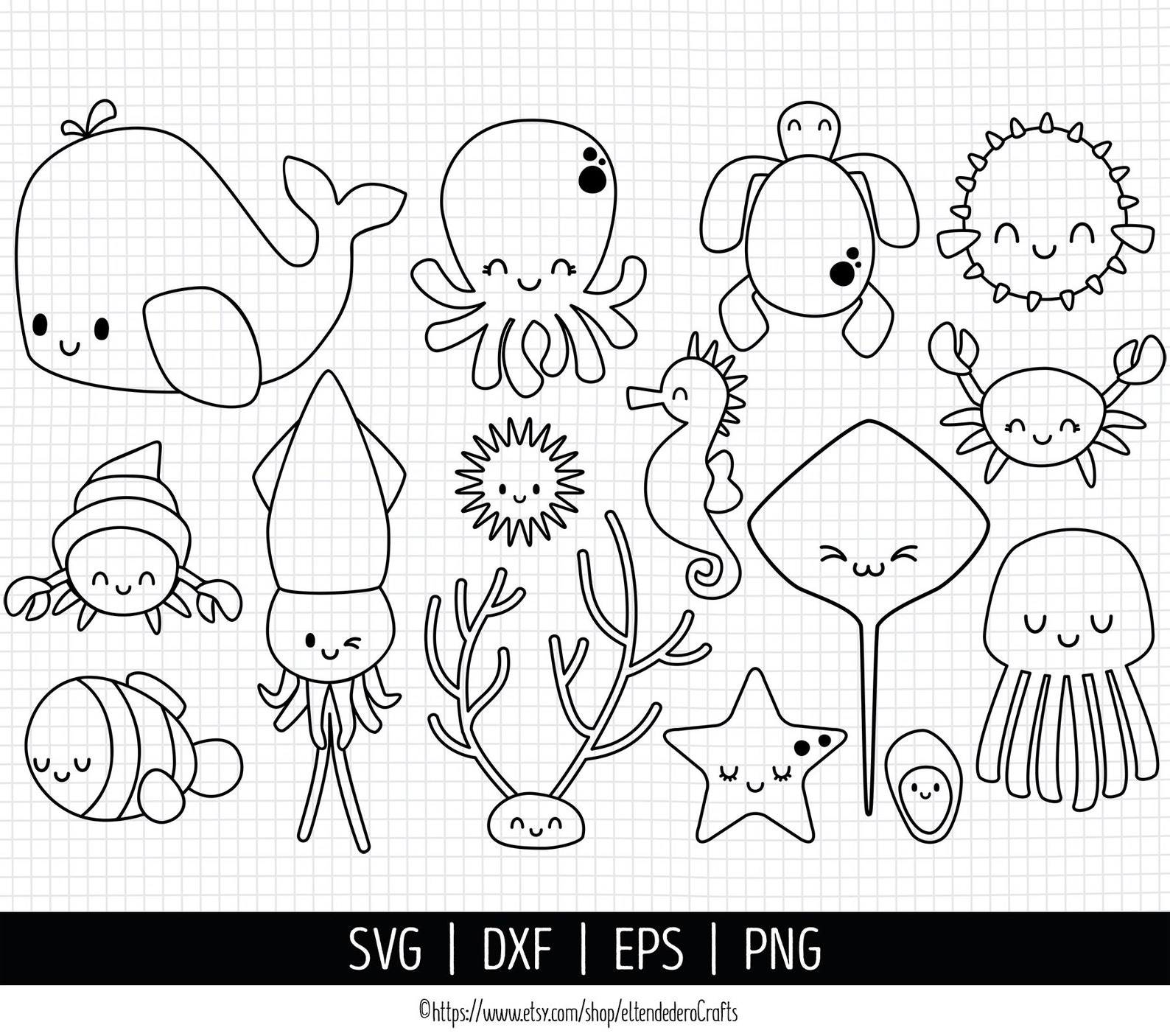 Under the Sea SVG Bundle. Outline Cartoon Sea Animals Cut | Etsy