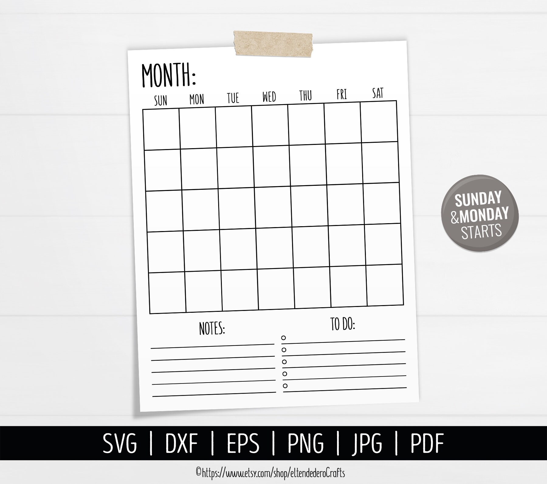 Blank Calendar SVG. Digital Monthly Calendar Vector Cut Files | Etsy