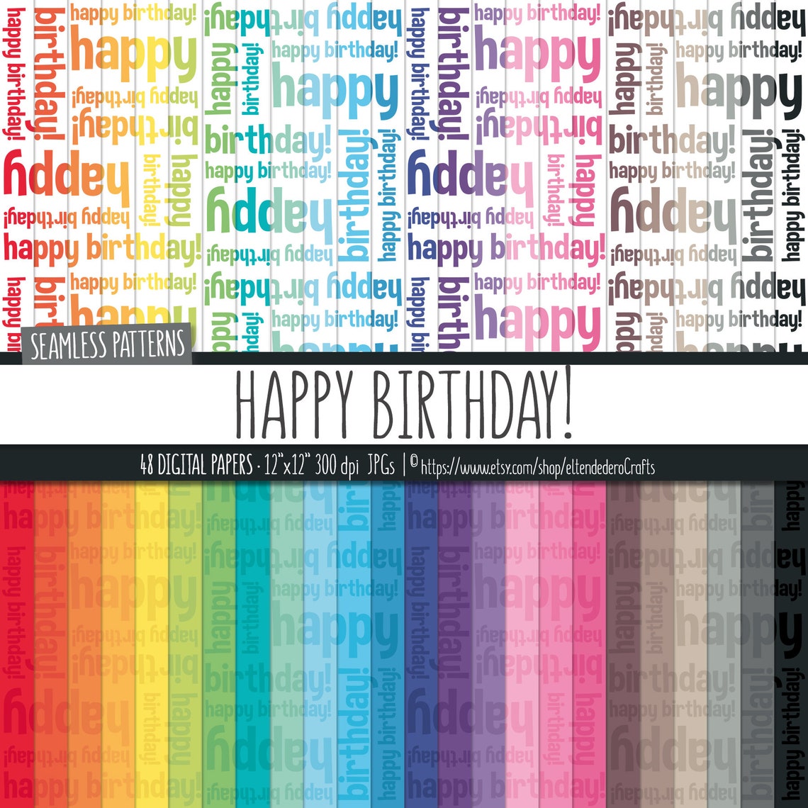 Birthday Digital Paper Set. Rainbow Happy Birthday Patterns. Colorful ...