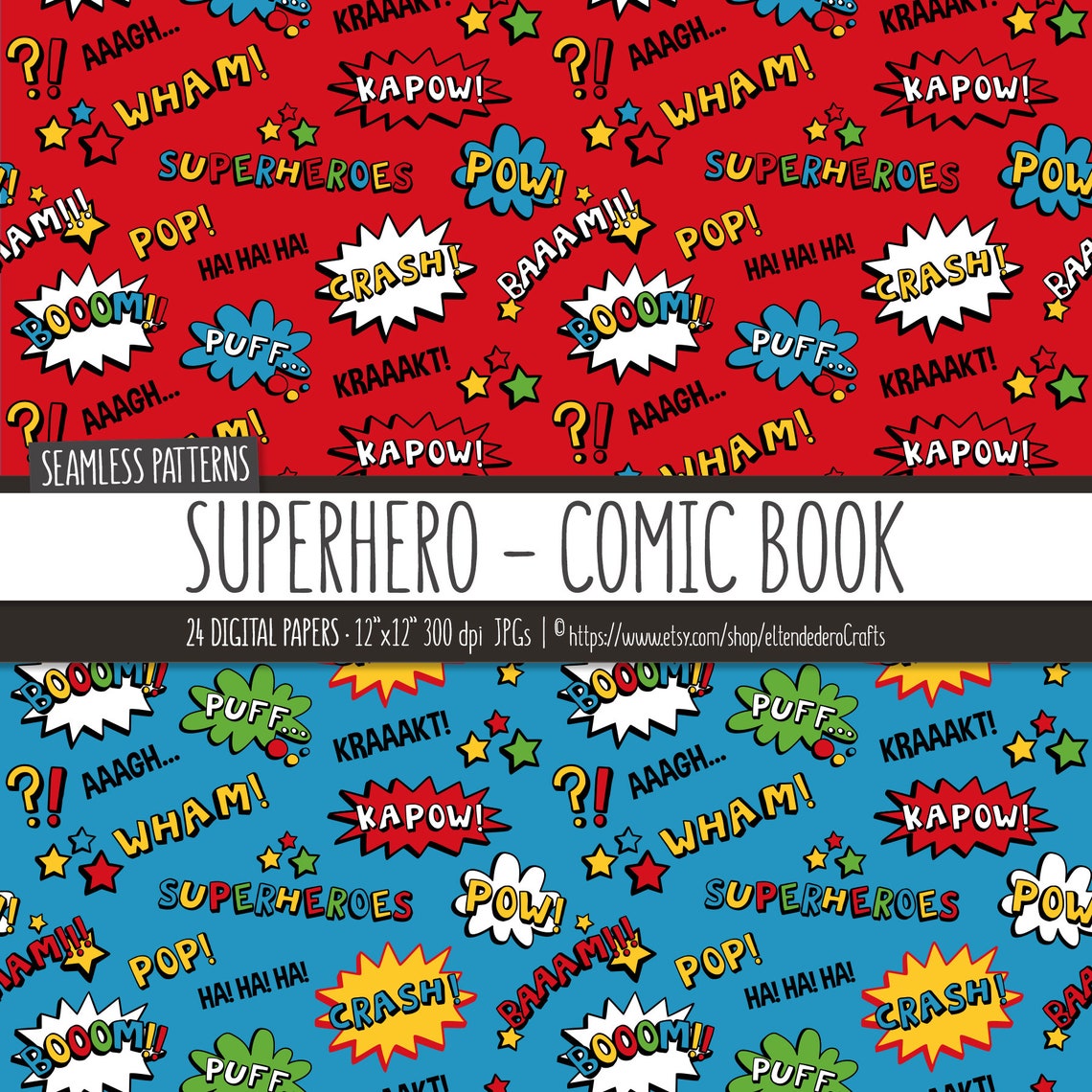 Superhero Digital Paper Pack. Action Words Comic Sounds | Etsy