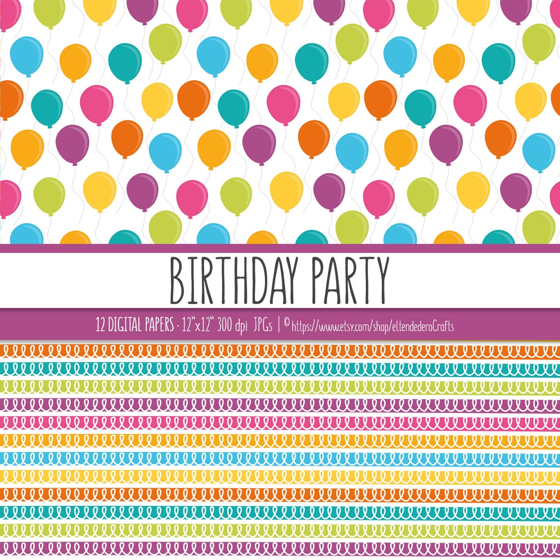 Birthday Digital Paper Package. Multicolor Kids Birthday Party Seamless ...