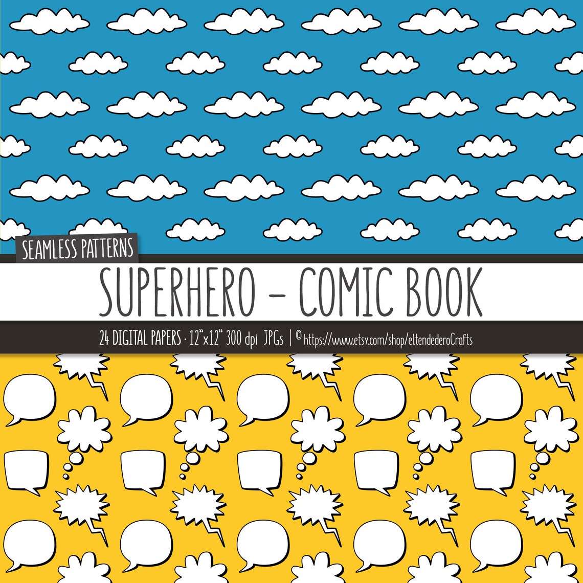 Superhero Digital Paper Pack. Action Words Comic Sounds | Etsy