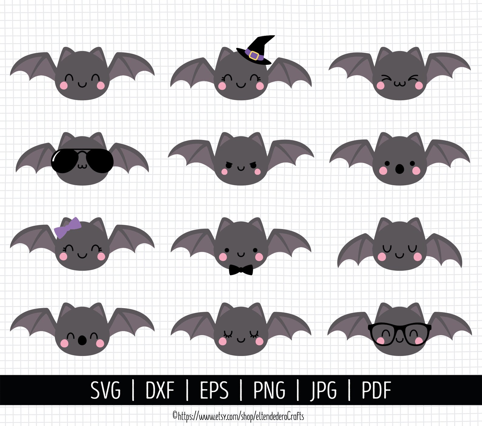 Bat SVG. Kids Halloween Bats Bundle Clipart. Cute Kawaii Girl Bat ...