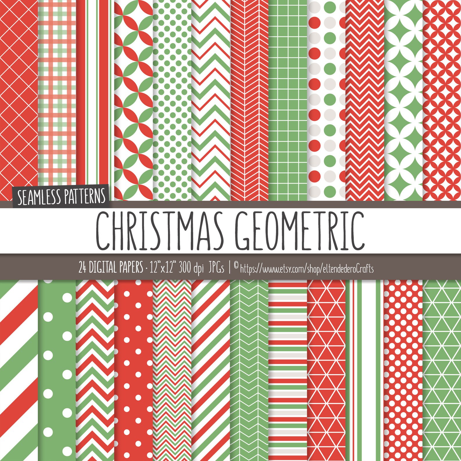 Christmas Geometric Digital Paper Package With Red Beige Backgrounds ...