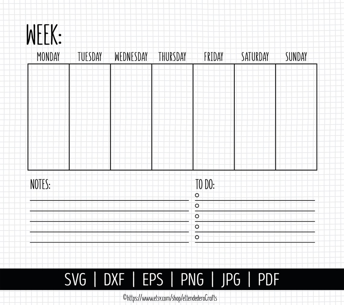 Blank Calendar SVG. Digital Weekly Calendar Vector Cut Files Cutting ...