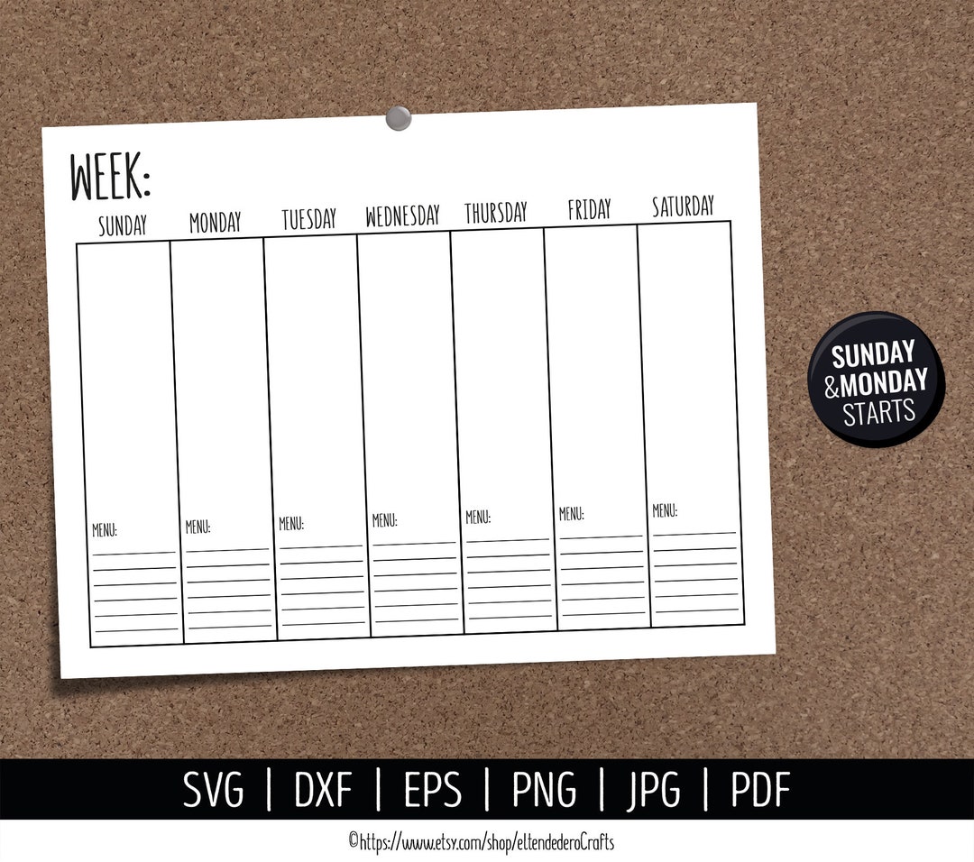 Blank Calendar SVG. Digital Weekly Calendar Vector Cut Files Cutting ...