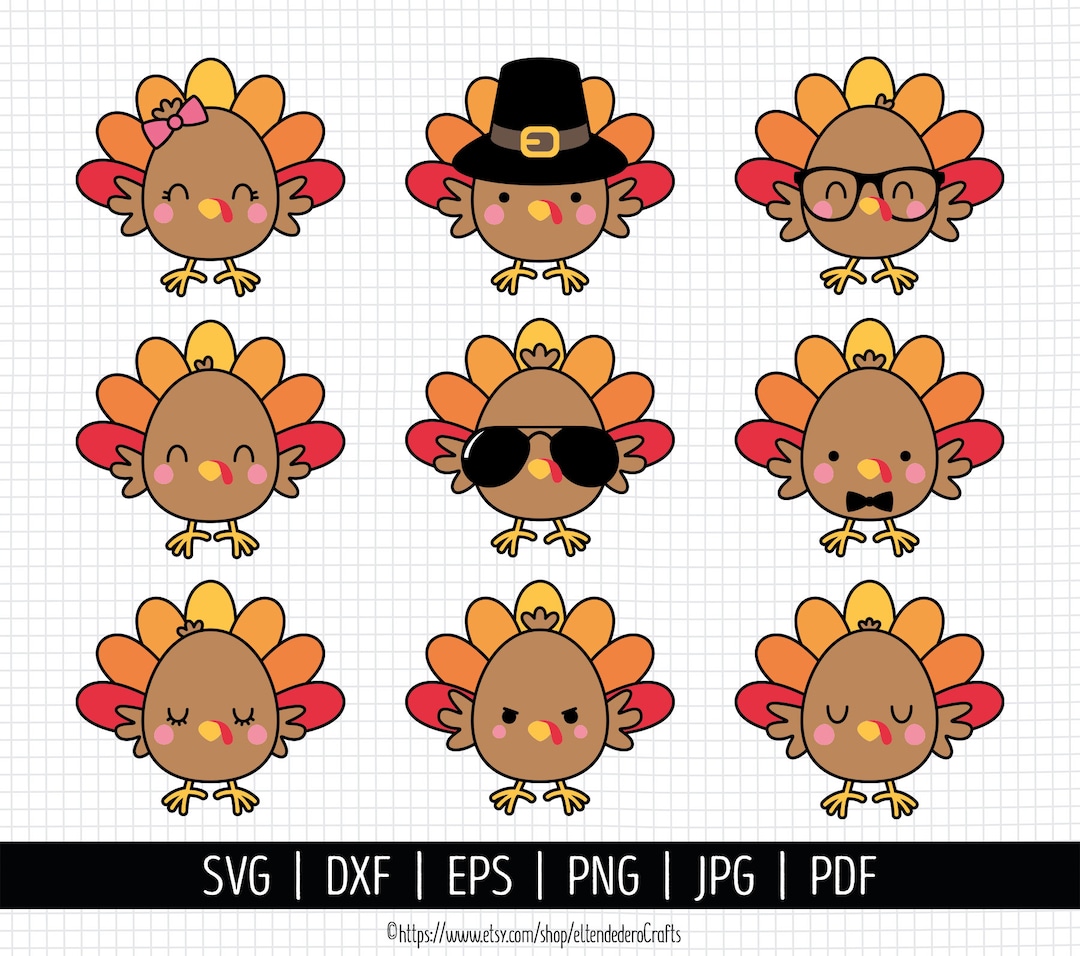 Turkey SVG. Kids Thanksgiving Bundle Clipart. Cute Kawaii Pilgrim ...