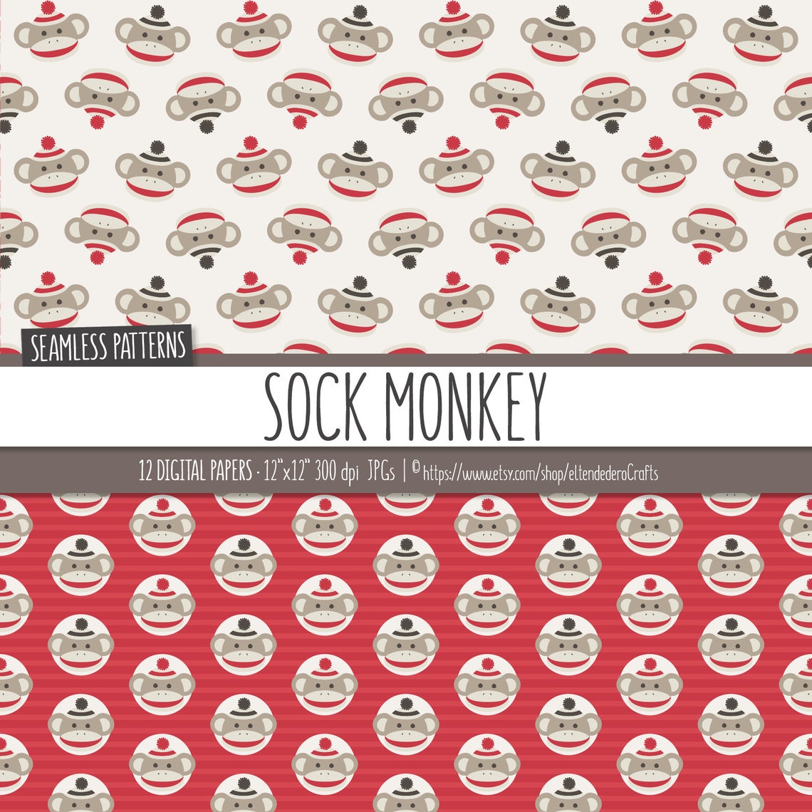 Sock Monkey Digital Paper Pack. Baby Cheeky Monkey Seamless - Etsy
