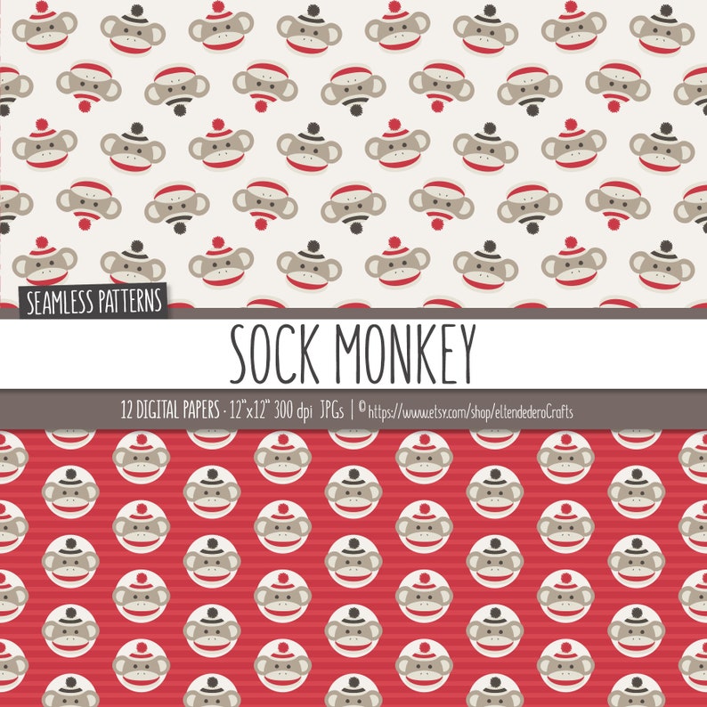 Sock Monkey Digital Paper Pack. Baby Cheeky Monkey Seamless - Etsy
