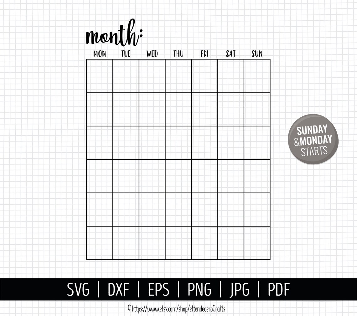 Blank Calendar SVG. Digital Monthly Calendar Vector Cut Files - Etsy